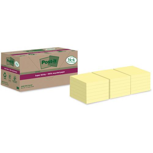 Notes Super Sticky Recyclées 76x76 mm 14 + 4 blocs jaune - Manutan.fr
